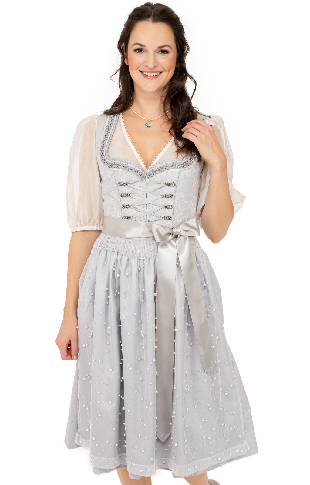 Krüger Dirndl Midi Dirndl 2tlg. 60cm ELSIE hellgrau - Alpenclassics.de